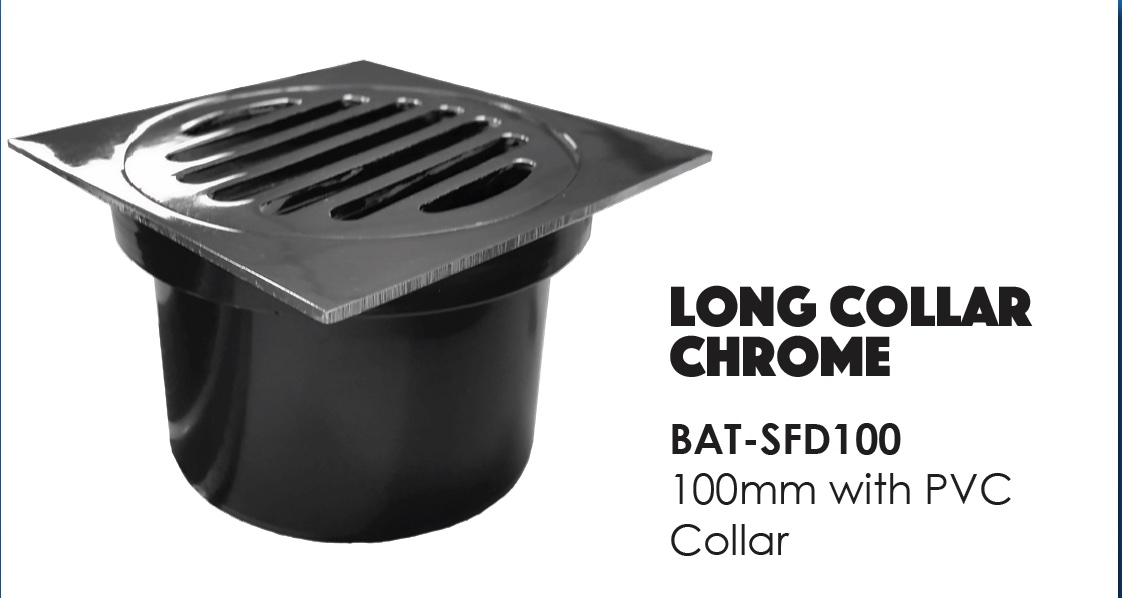 BAT Square Floor Drain PVC Long Collar Chrome 100mm - TradieCart