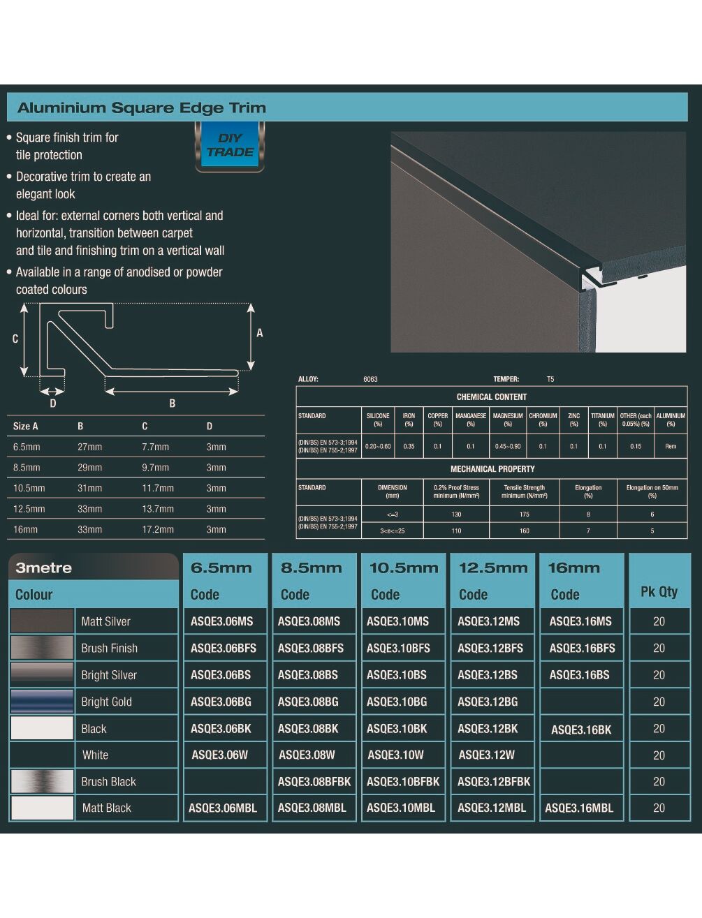 DTA Aluminum Square Edge Angle Bright Silver 6mm X 3m - TradieCart